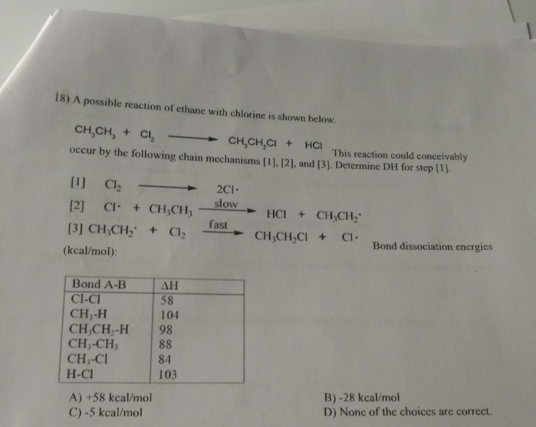 Solved 18) A possible reaction of ethane with chlorine is | Chegg.com