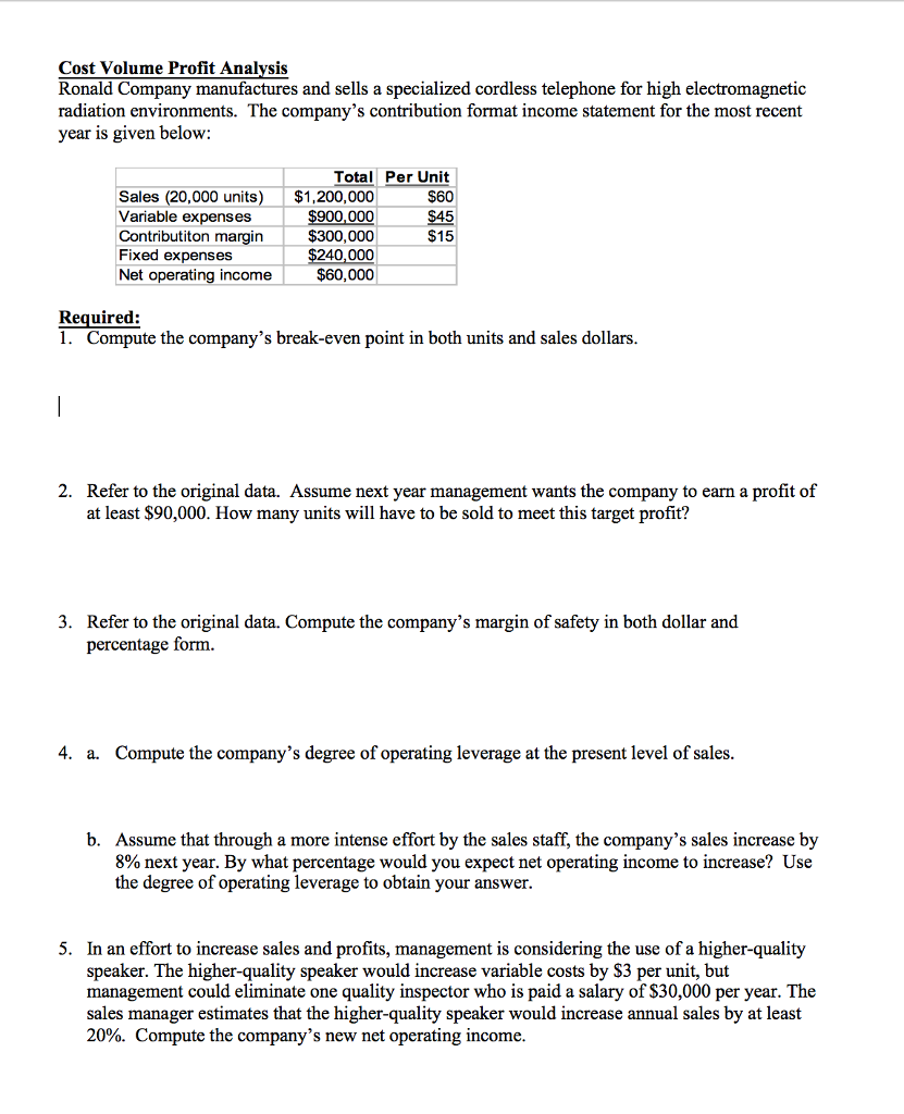 Solved Cost Volume Profit Analysis Ronald Company | Chegg.com