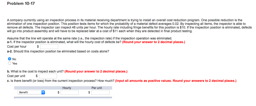 Solved Problem 10-17 A company currently using an inspection | Chegg.com
