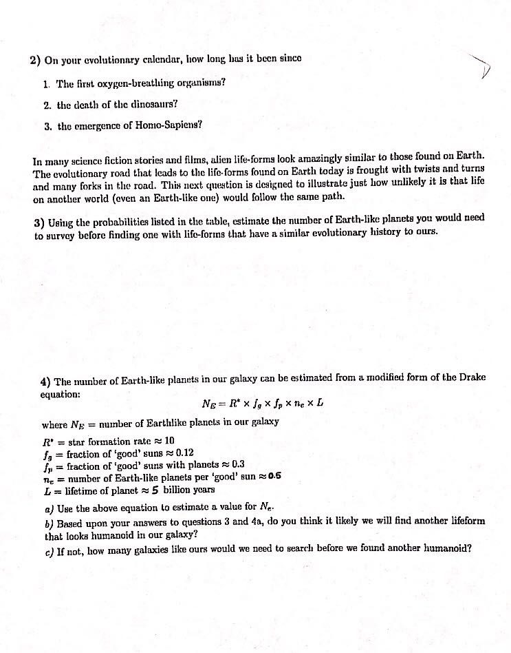 Solved ASTR202 Laboratory on the Evolution of Life and | Chegg.com