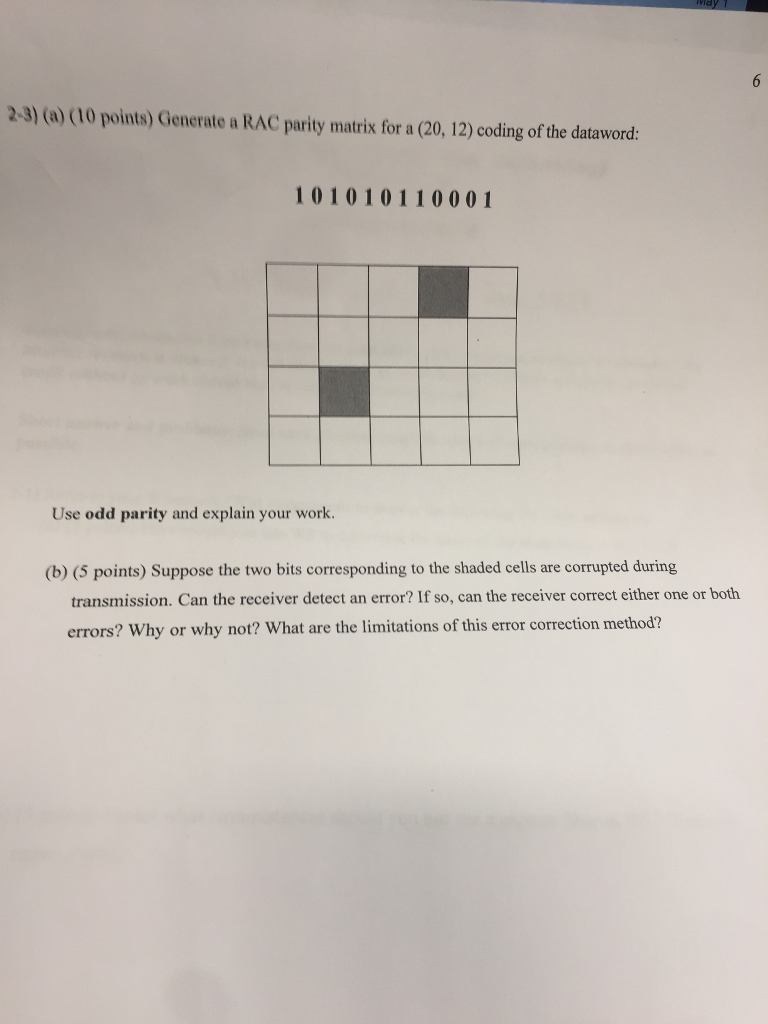 Solved 2-3) (a) (10 points) Generate a RAC parity matrix for | Chegg.com