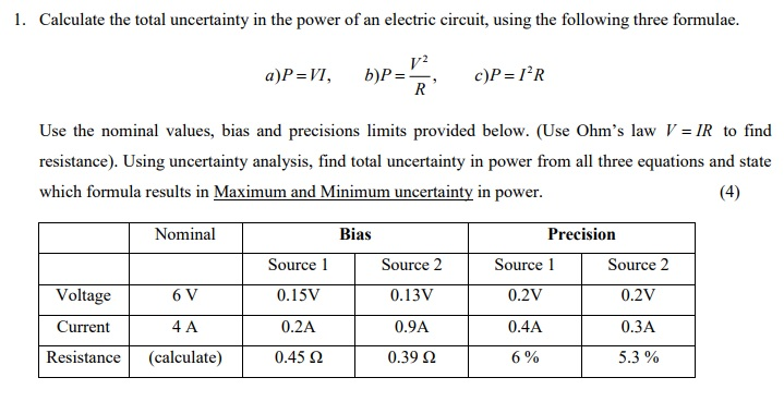 Solved 1. Calculate the total uncertainty in the power of an | Chegg.com