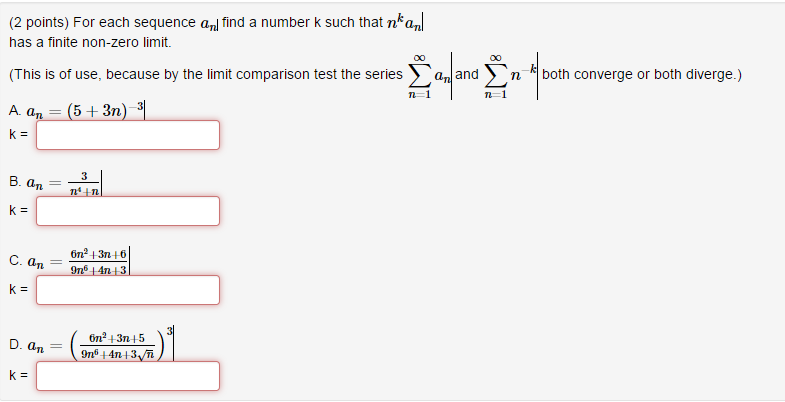 Solved For each sequence a_n find a number k such that | Chegg.com