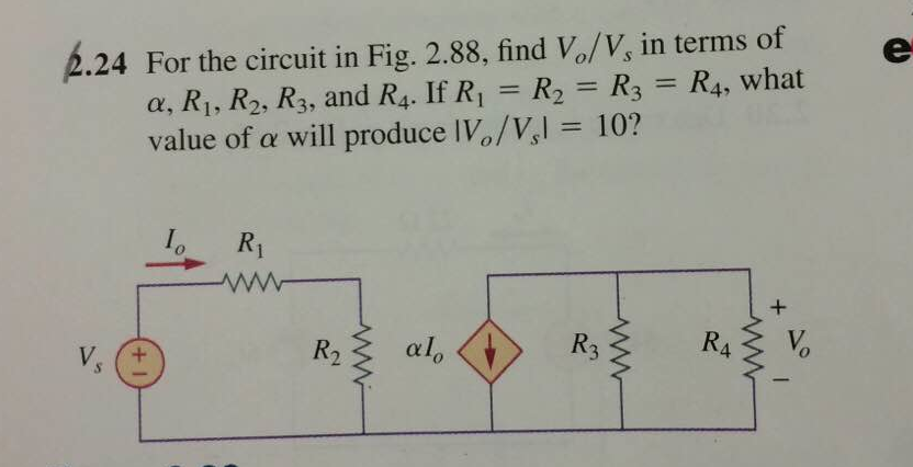 Solved 4.24 For the circuit in Fig. 2.88, find V0/Vs in | Chegg.com