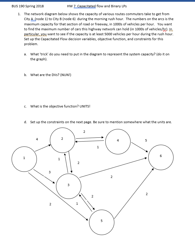 BUS 190 Spring 2018 HW Z Capacitated flow and Binary | Chegg.com