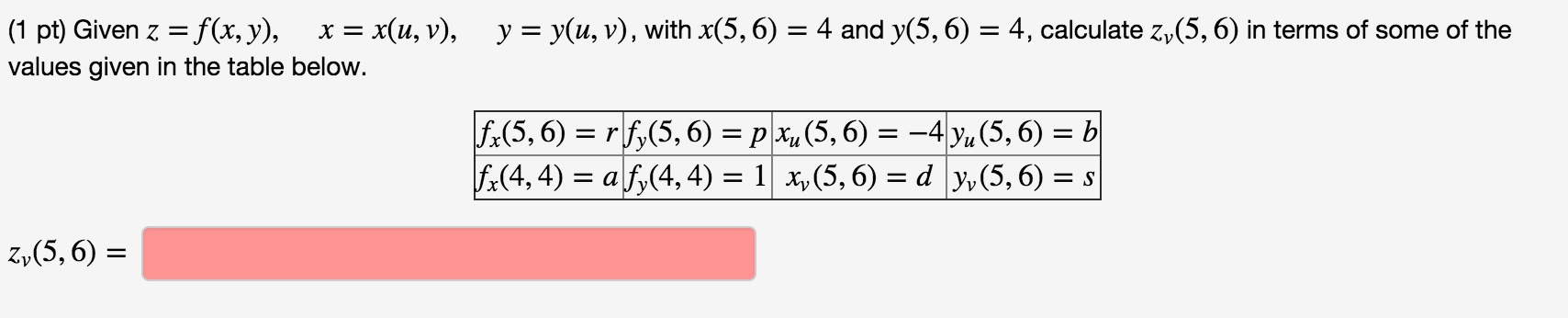 Solved (1 pt) Given z = f(x, y), x = x(u, v), y = y(u, v) | Chegg.com