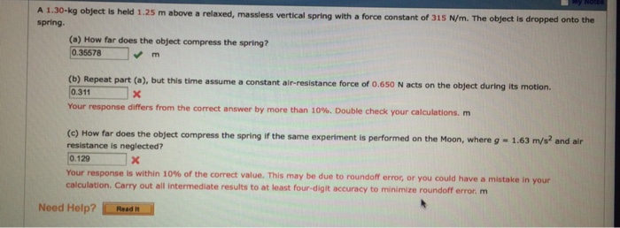 Solved A 1.30-kg object is held 1.25 m above a relaxed, | Chegg.com