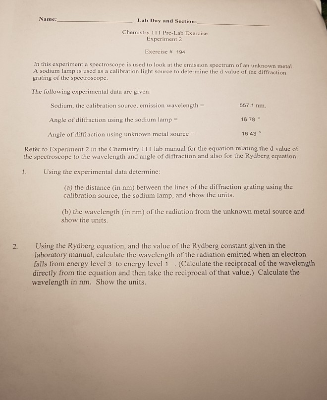 Solved Name: Lab Day and Section: Chemistry 111 Pre-Lab | Chegg.com