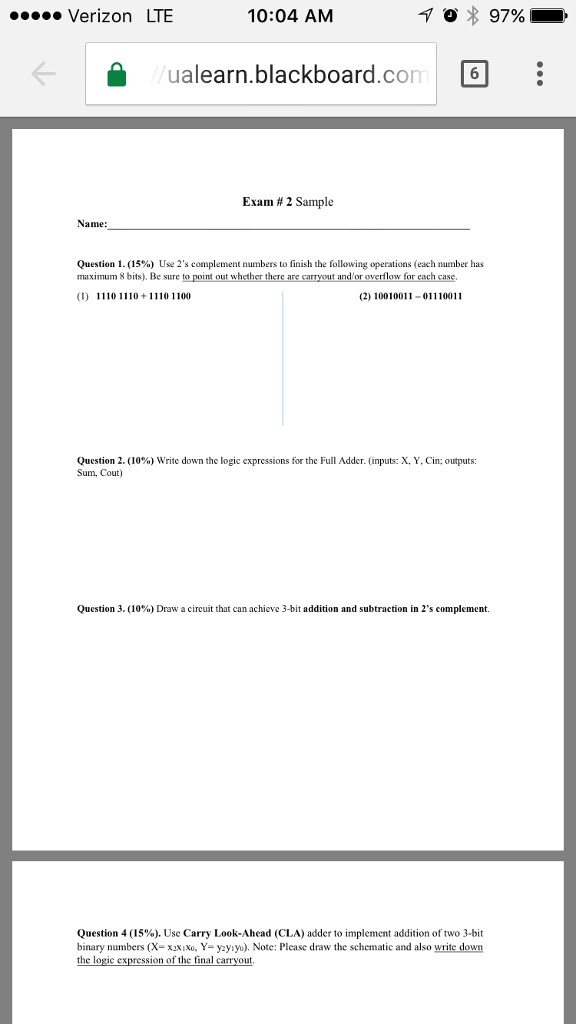Solved Use 2s Complement Numbers To Finish The Following