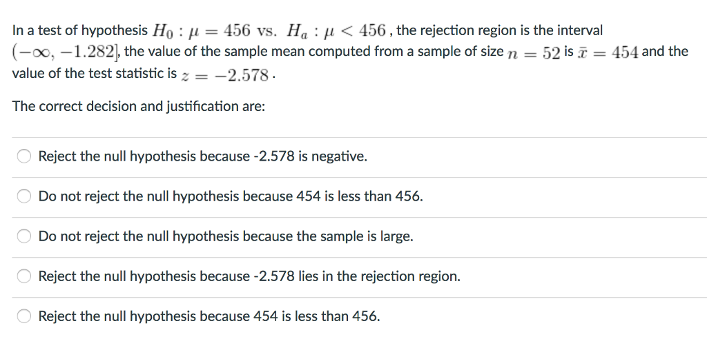 Solved In a test of hypothesis H_0: mu = 456 vs. H_a: mu