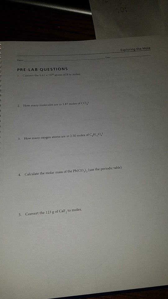 Solved Exploring the Mole PRE-LAB QUESTIONS 1 1. Convert the | Chegg.com