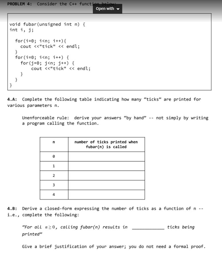 Solved PROBLEM 4: Consider the C++ funct Open with void | Chegg.com