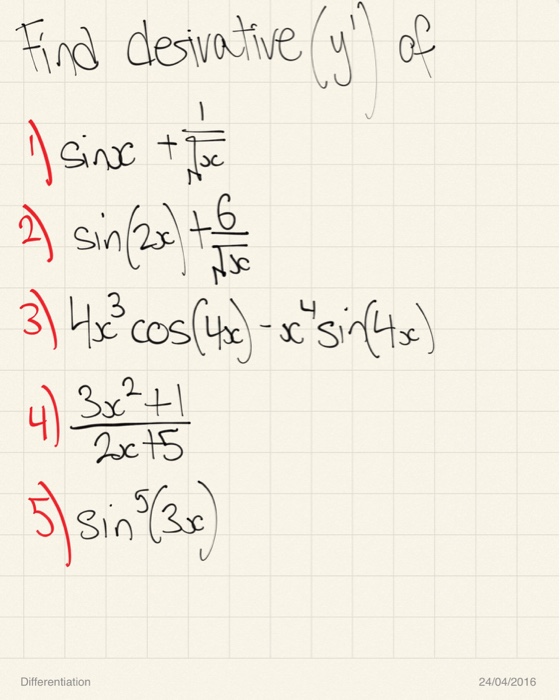 Solved Find derivative (y') of sin x + 1/squareroot x | Chegg.com