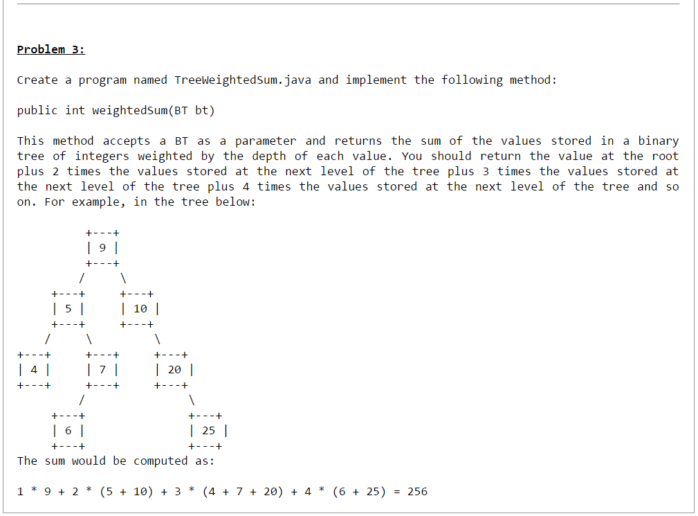 Solved roblem 3: Create a program named TreeweightedSum.java | Chegg.com