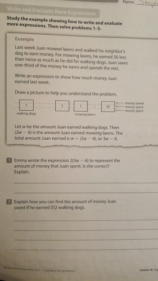Solved Name: Write and Evaluate More Expression Study the | Chegg.com