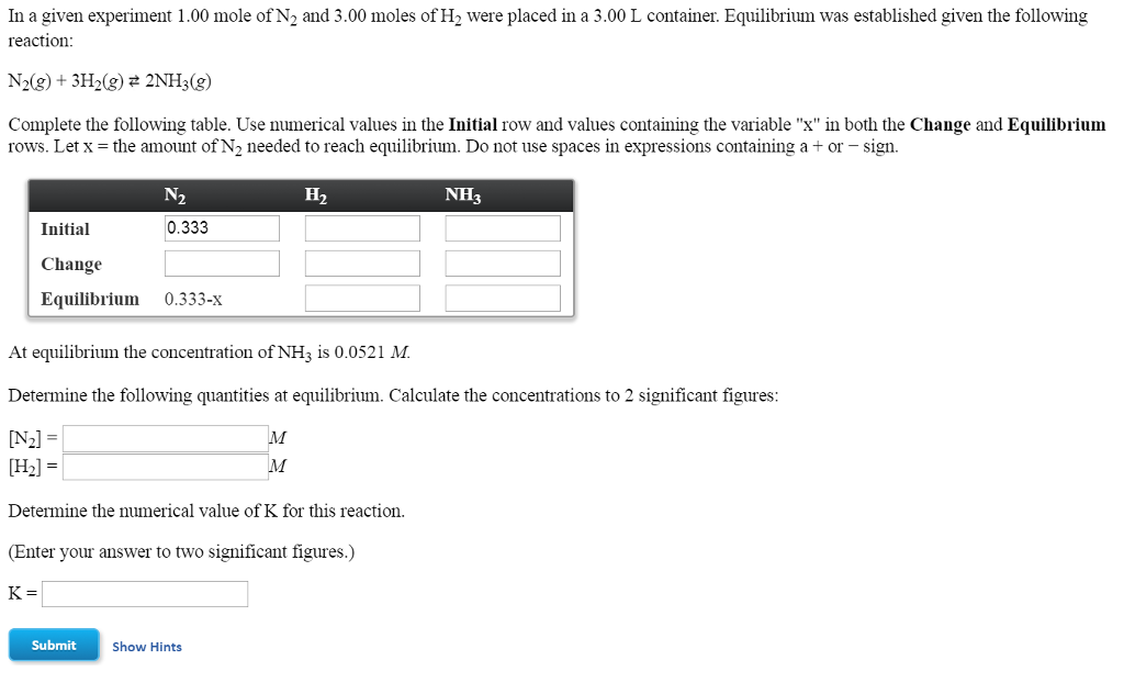 Solved In a given experiment 1.00 mole of N2 and 3.00 moles | Chegg.com