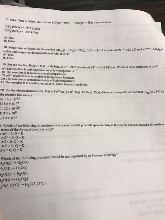 Solved Select True or False: The reaction SiO_2(s) + Pb(s) | Chegg.com