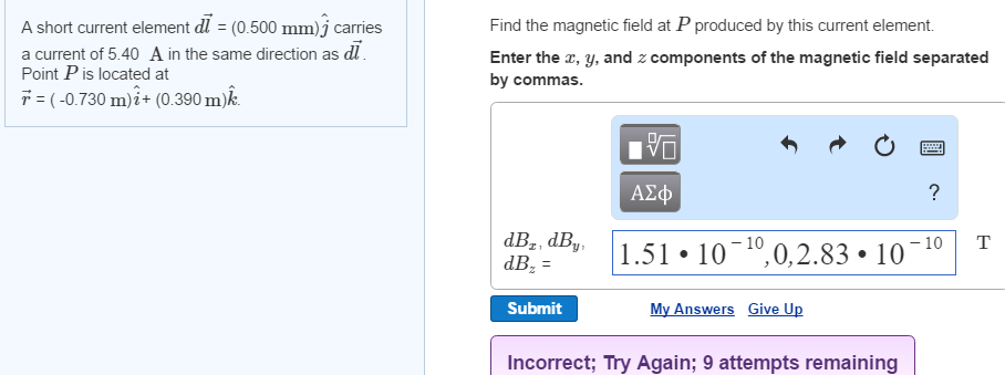 Solved A short current element dl = (0.500 mm)j carries a | Chegg.com