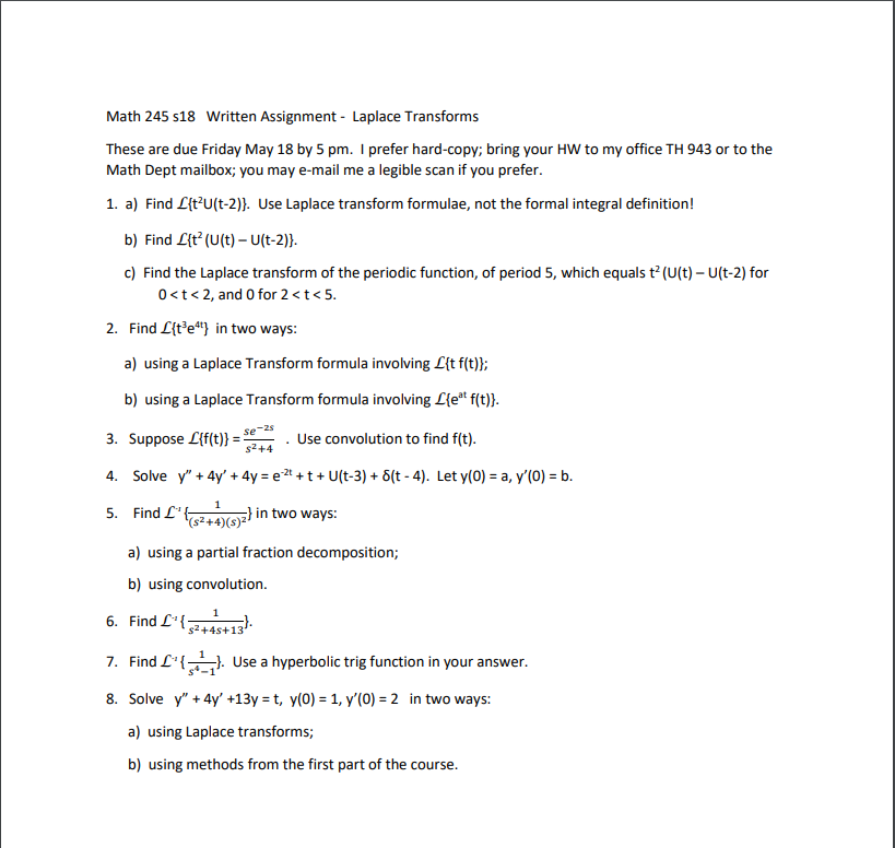 Solved Math 245 s18 Written Assignment- Laplace Transforms | Chegg.com