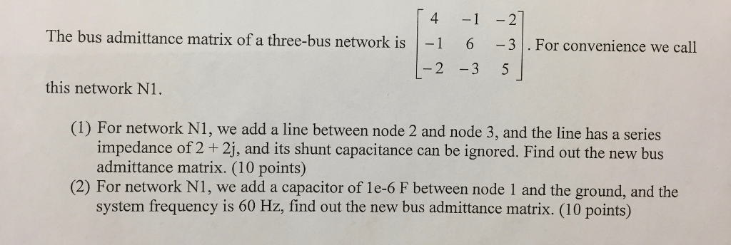 Solved The bus admittance matrix of a three-bus network is | Chegg.com