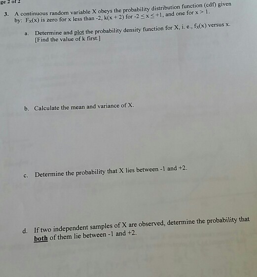 Solved A continuous random variable X obeys the probability | Chegg.com
