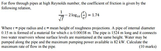 Solved For flow through pipes at high Reynolds number, the | Chegg.com