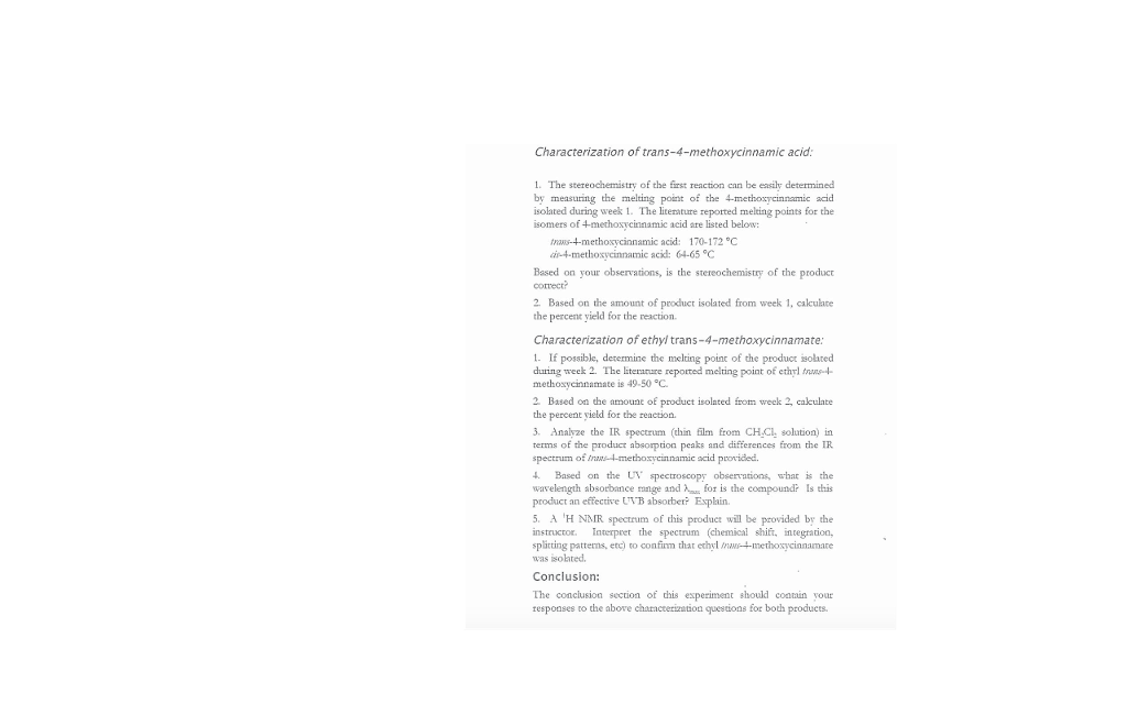 Characterization of trans-4-methoxycinnamic acid. 1. | Chegg.com