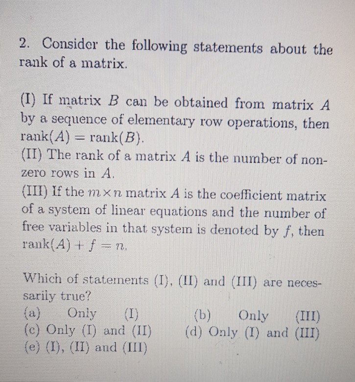Solved 2. Consider the following statements about the rank | Chegg.com