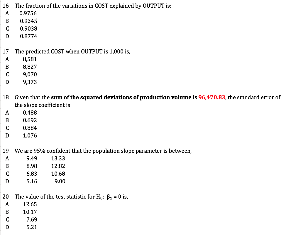 Solved Use The Following Excel Regression Output To Answer 