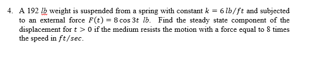 Solved 4. A 192 lb weight is suspended from a spring with | Chegg.com
