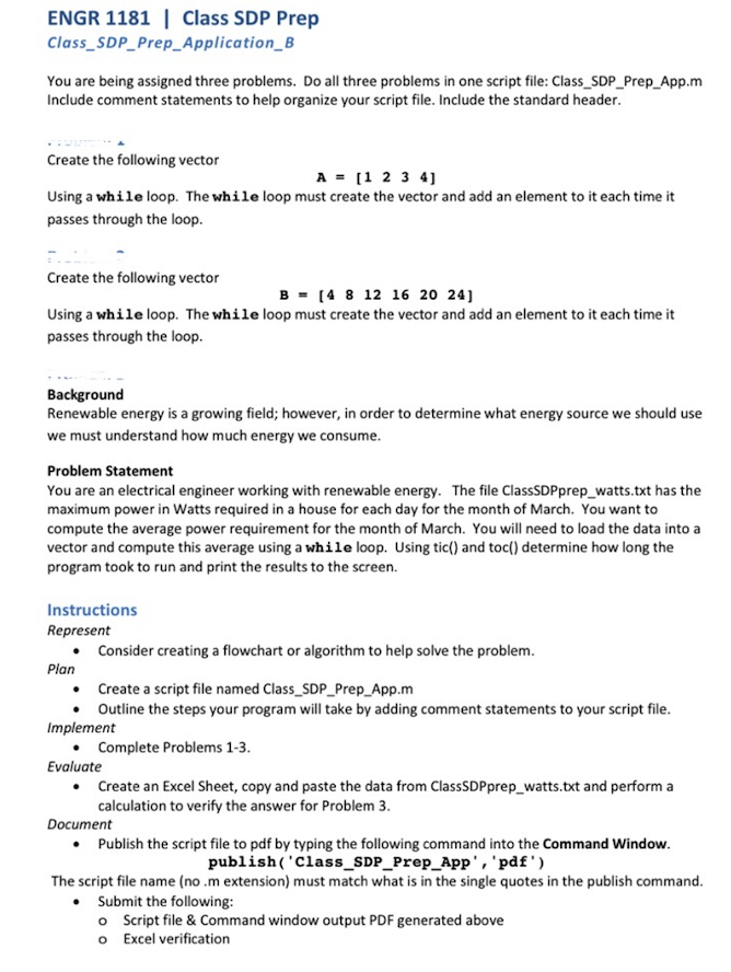 Solved ENGR 1181Class SDP Prep Class SDP Prep Application B | Chegg.com