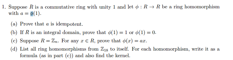 Solved 1. Suppose R is a commutative ring with unity 1 and | Chegg.com