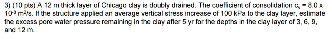 Solved A 12m thick layer of Chicago clay is doubly drained. | Chegg.com