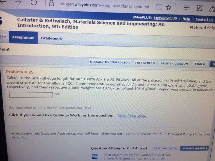 Solved Calculate the unit cell edge length for an 91 wt% Ag- | Chegg.com