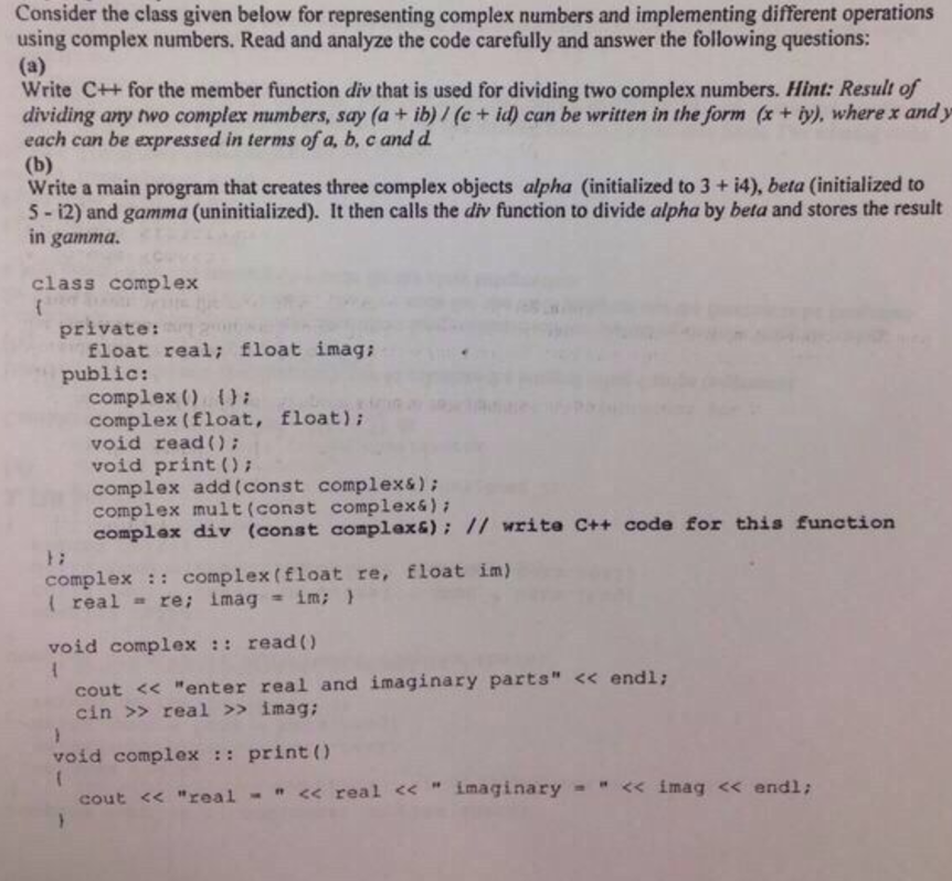 Solved Consider The Class Given Below For Representing