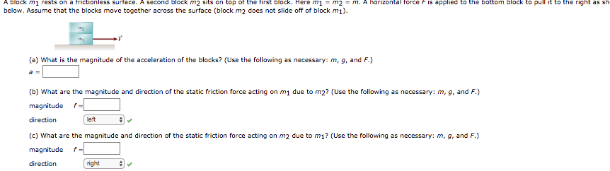 Solved A block m_1 rests on a frictionless surface. A second | Chegg.com