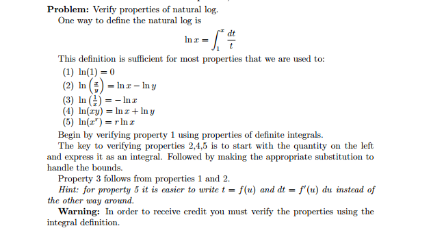 Solved Verify properties of natural log. One way to define | Chegg.com