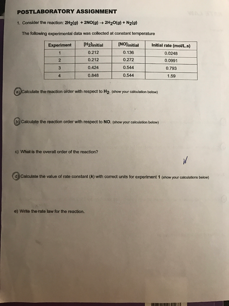 Solved POSTLABORATORY ASSIGNMENT 1. Consider the reaction: | Chegg.com