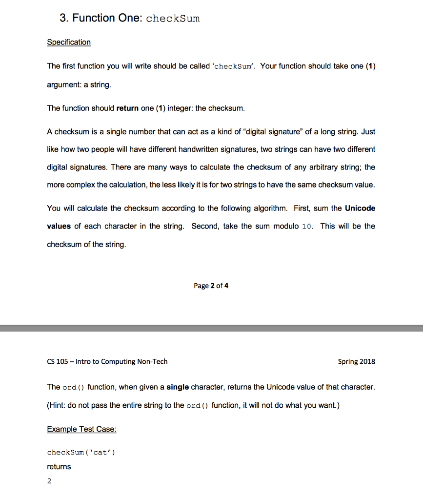 Solved 3. Function One: checkSum Specification The first | Chegg.com