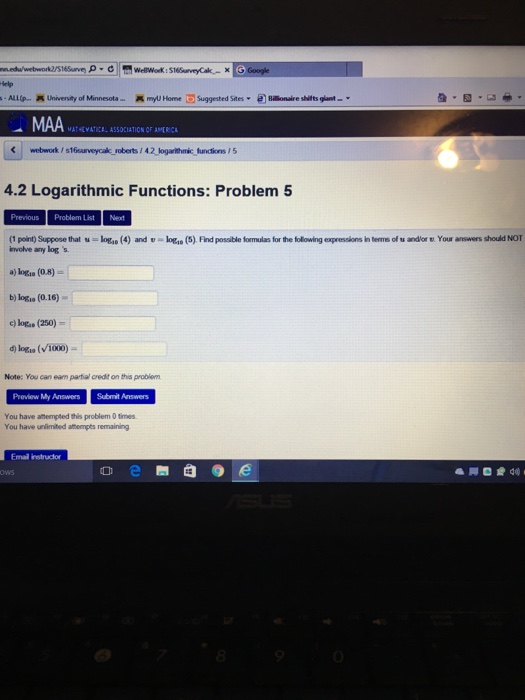 Solved Suppose that u = log_10 (4) and v= log_10(5). find | Chegg.com