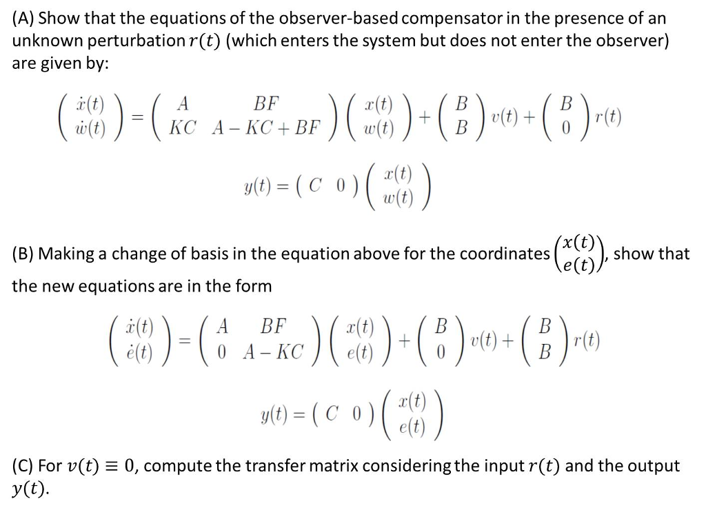 Show that the equations of the observer-based | Chegg.com