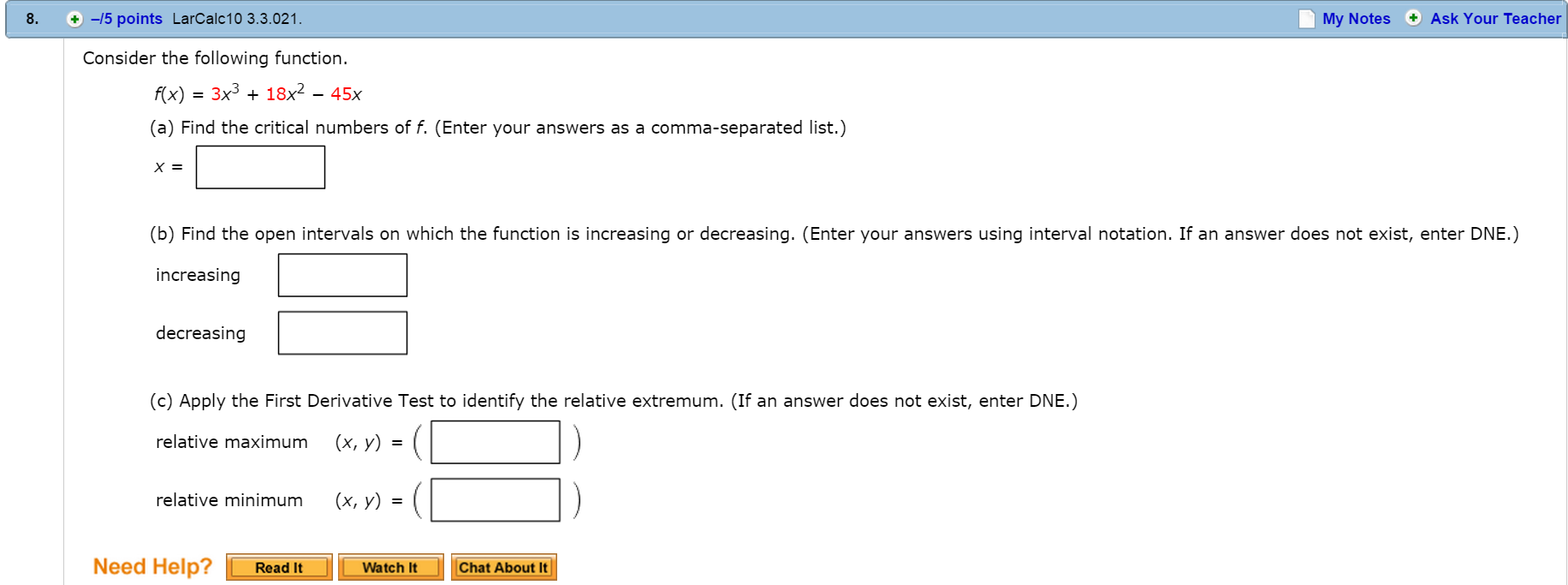 Solved Consider the following function. f(x) = 3x3 + 18x2 - | Chegg.com