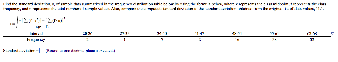 Solved Find the standard deviation, s, of sample data | Chegg.com
