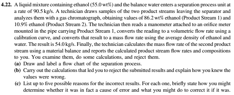 Solved 4.22. A liquid mixture containing ethanol (55.0 wt%) | Chegg.com