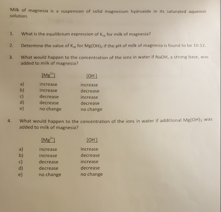 Solved Milk of magnesia is a suspension of solid magnesium | Chegg.com