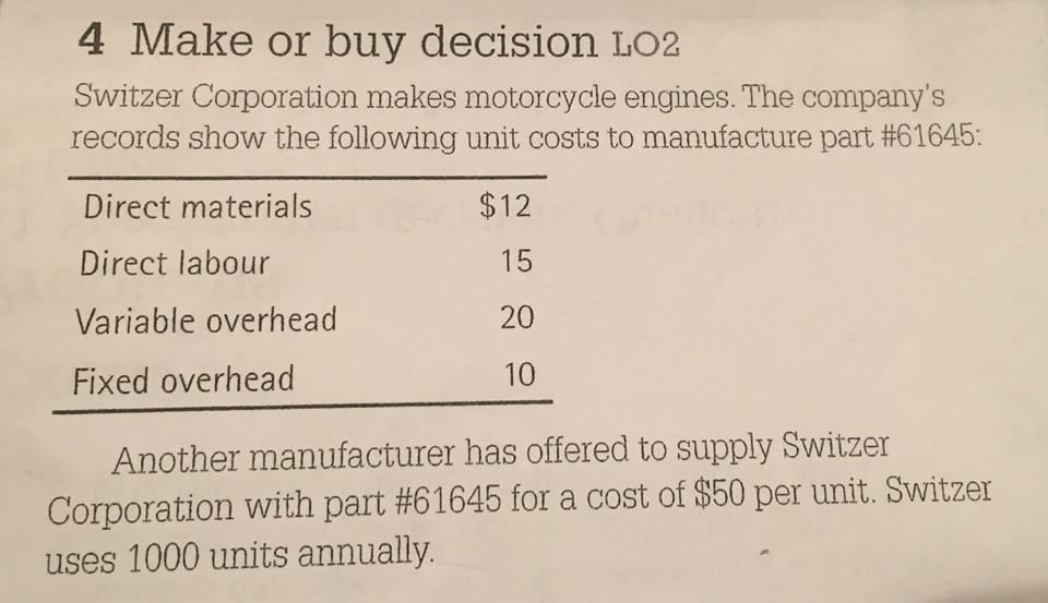 Solved Make or buy decision LO2 Switzer Corporation makes | Chegg.com