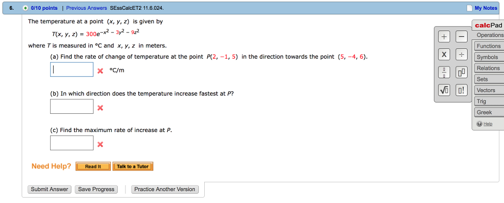 Solved 6. 0/10 points | Previous Answers SEssCalcET2 | Chegg.com