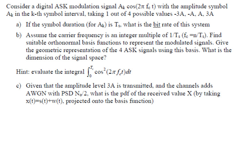 Consider a digital ASK modulation signal Ak cos(2 Pi | Chegg.com