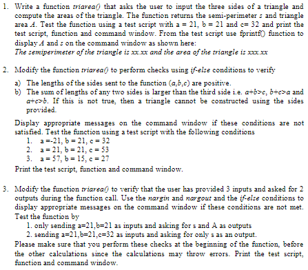 Solved 1. Write a function triarea) that asks the user to | Chegg.com