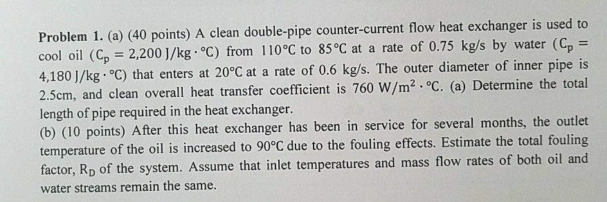 Solved Problem 1. () (40 points) A clean double-pipe | Chegg.com